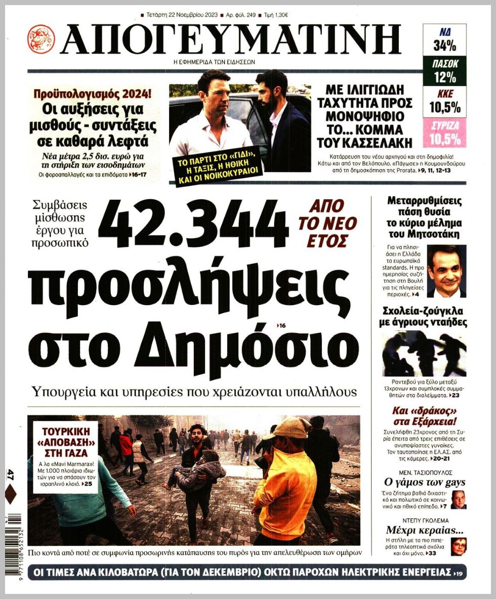 Πρωτοσέλιδο ΑΠΟΓΕΥΜΑΤΙΝΗ - 22/11/2023